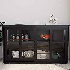 RASOO Buffet Sideboard with Sliding Glas Door and Adjustable Shelf Stackable Kitchen Storage Cabinet Antique Cupboard Kitchen Sideboard Storage Cabinet Home Furniture, Black