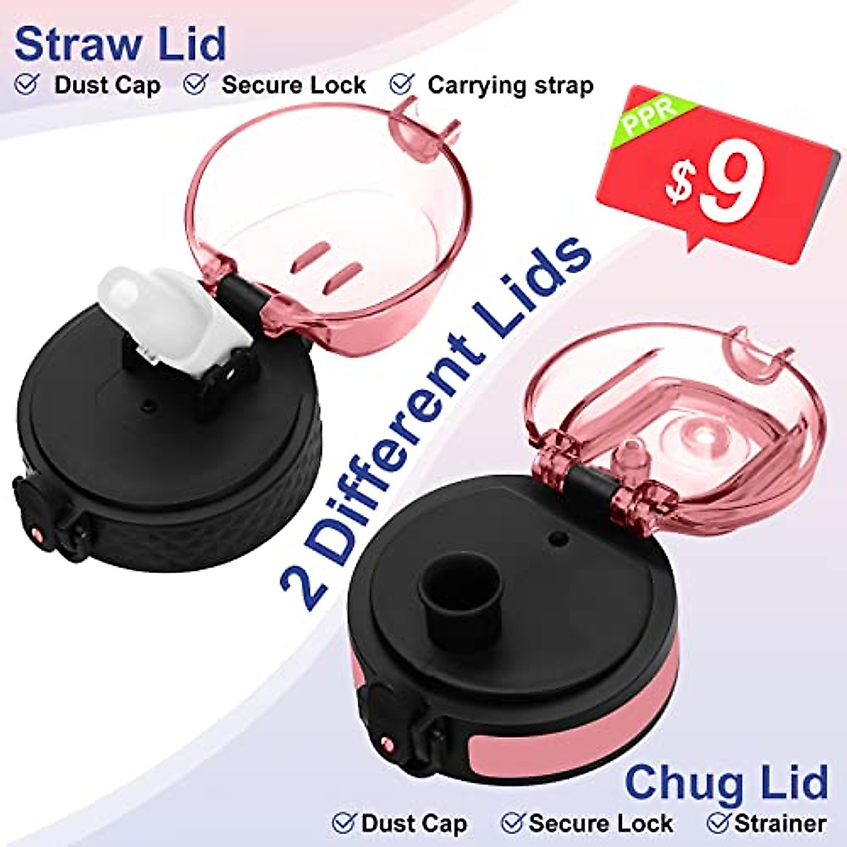 AIDEAMART 24 OZ Motivational Kids Water Bottle With Time Marker,Straw Lid&Chug Lid, Leak Proof, Tritan BPA Free Sports Water Pink-Blue(2 Lid)