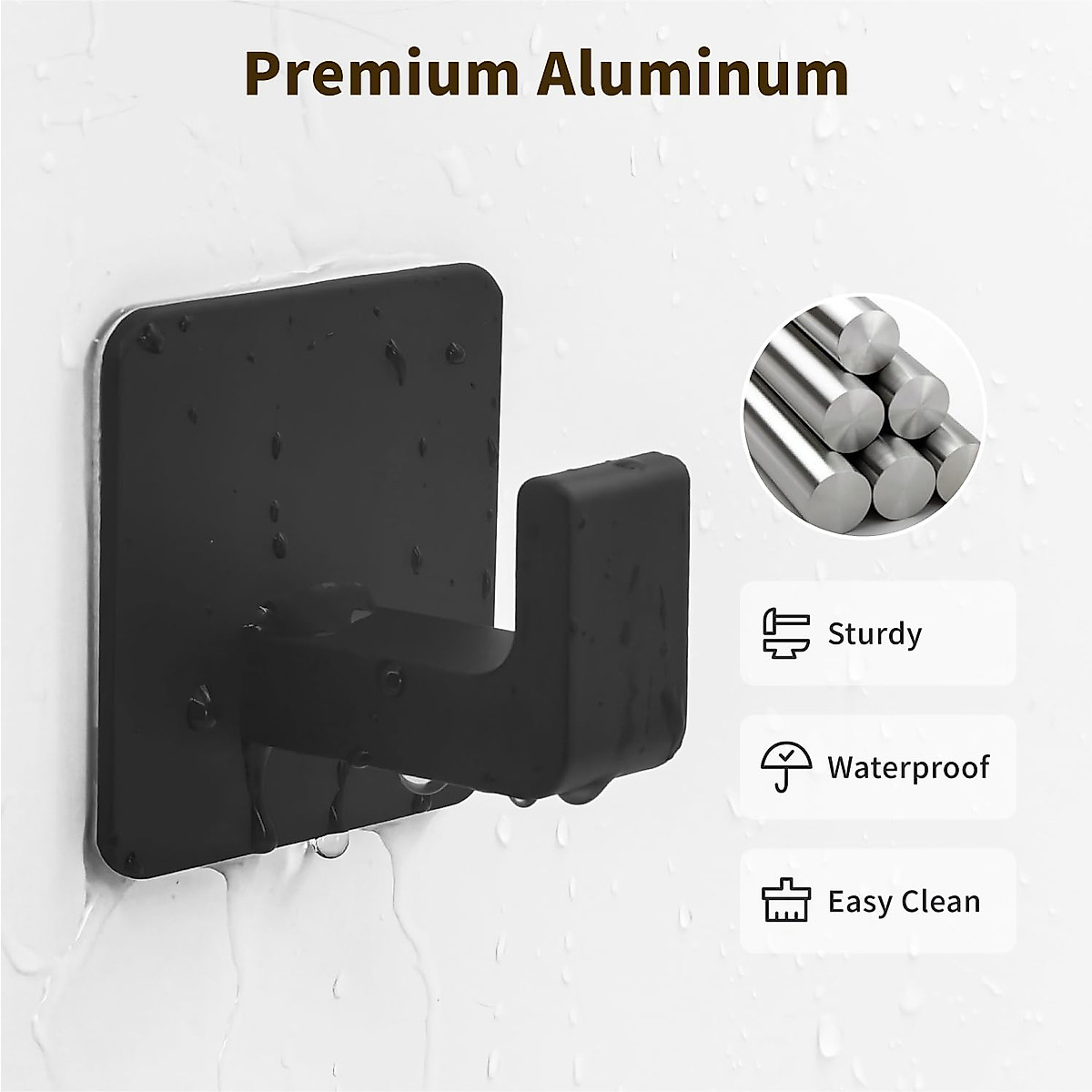 GWAAZXGZ Square Self Adhesive Towel Hooks - Matte Black Bathroom Hooks for Hanging Towel, Coats, Modern and Stylish Hooks for Bathrooms and Kitchen, 2 Pack