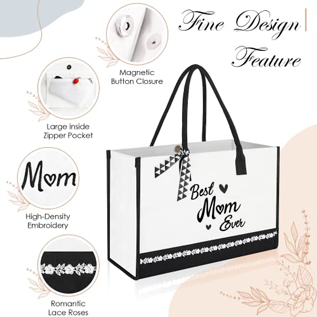 GLORIEROO Gorgeous Christmas Gifts, Lovely Lace Canvas Tote Bag Mom Gifts, Embroidery Gifts for Mom, Gifts for Wife, Great for Birthday, Valentines Day, Anniversary, Mothers Day Gifts_Best Mom Ever