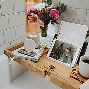 Bamboo Bathtub Caddy Tray for Tub- Expandable Bath Tray - Adjustable Organizer Tray for Bathroom for Luxury Spa - Book Holder, Tablet Smartphone and Wine Holder (Natural) by Pristine Bamboo