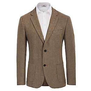 Men's Irish Wool Blend Blazer Notch Lapel Herringbone Tweed Sport Coat Coffee L