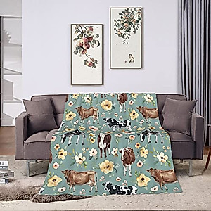 Cow Print Blanket Soft Warm Cute Cow Flowers Throw Blanket Fluffy Plush Lightweight Cozy Cows Fleece Flannel Girls Gift Blankets for Kids Adults Bedding Couch Sofa 50"X40"
