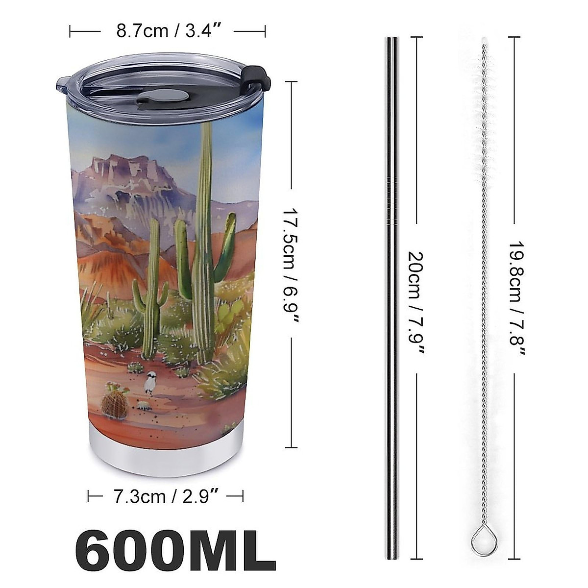 WNICELIN Western Desert Cactus Tumbler Insulated Travel Mug Stainless Steel Travel Tumbler Car Cup with Straw And Brush with Lid 20oz