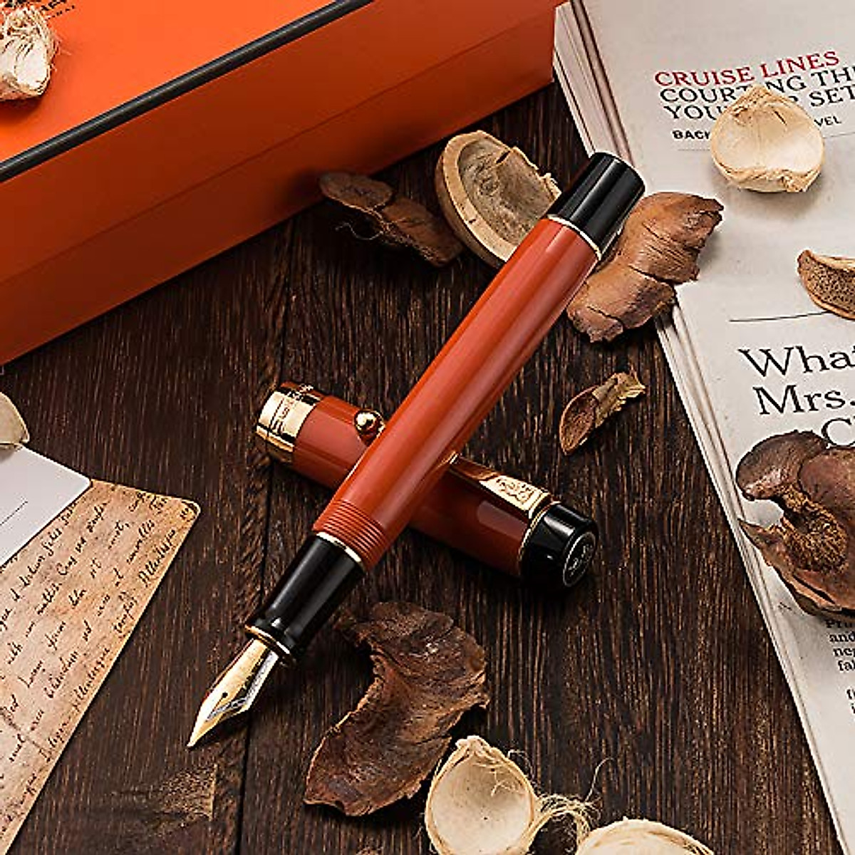 Jinhao Classic Fountain Pen Orange Red Celluloid, Medium Nib with Conveter and Pen Case Set