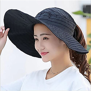 Floppy Sun Hat with Ponytail Hole for Women, Packable Shapable Sun Beach Visor Hats for Women Travel Black