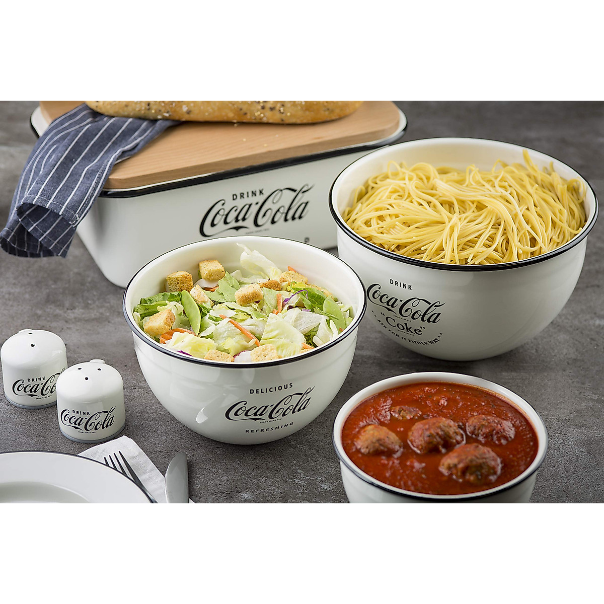 TableCraft's Coca-Cola Enamel Mixing Bowls, S: 7'' dia, M: 8.5'' dia, L: 1.25'' dia, White
