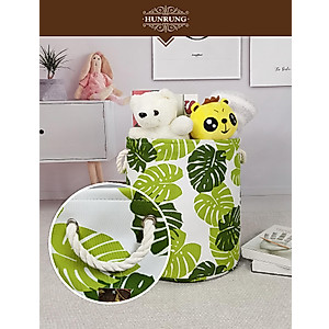 HUNRUNG Laundry Hamper,Large Canvas Fabric Lightweight Storage Basket Toy Organizer Dirty Clothes Collapsible Waterproof for College Dorms, Children Bedroom,Bathroom (Round Leaf)