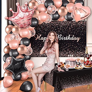 Black and Rose Gold Party Decorations, Rose Gold and Black Balloon Garland Kit with Birthday Backdrop Tablecloth for Women Girls Rose Gold Black Birthday Party Decorations Supplies