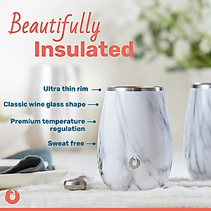 SNOWFOX Premium Vacuum Insulated Stainless Steel Classic White Wine Glass - Set of 2 -Chilled Wine Stays Icy Cold -Lightweight Stemless Cocktail Glasses -Elegant Home Entertaining Barware -8oz -Marble