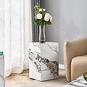 TesNus Modern Nightstand, White Bed Side Tables with Faux Marble Grain, Couch Side Tables with Cube Stylish Accent, End Table for Bedroom,Living Room (White-11.81 inch)