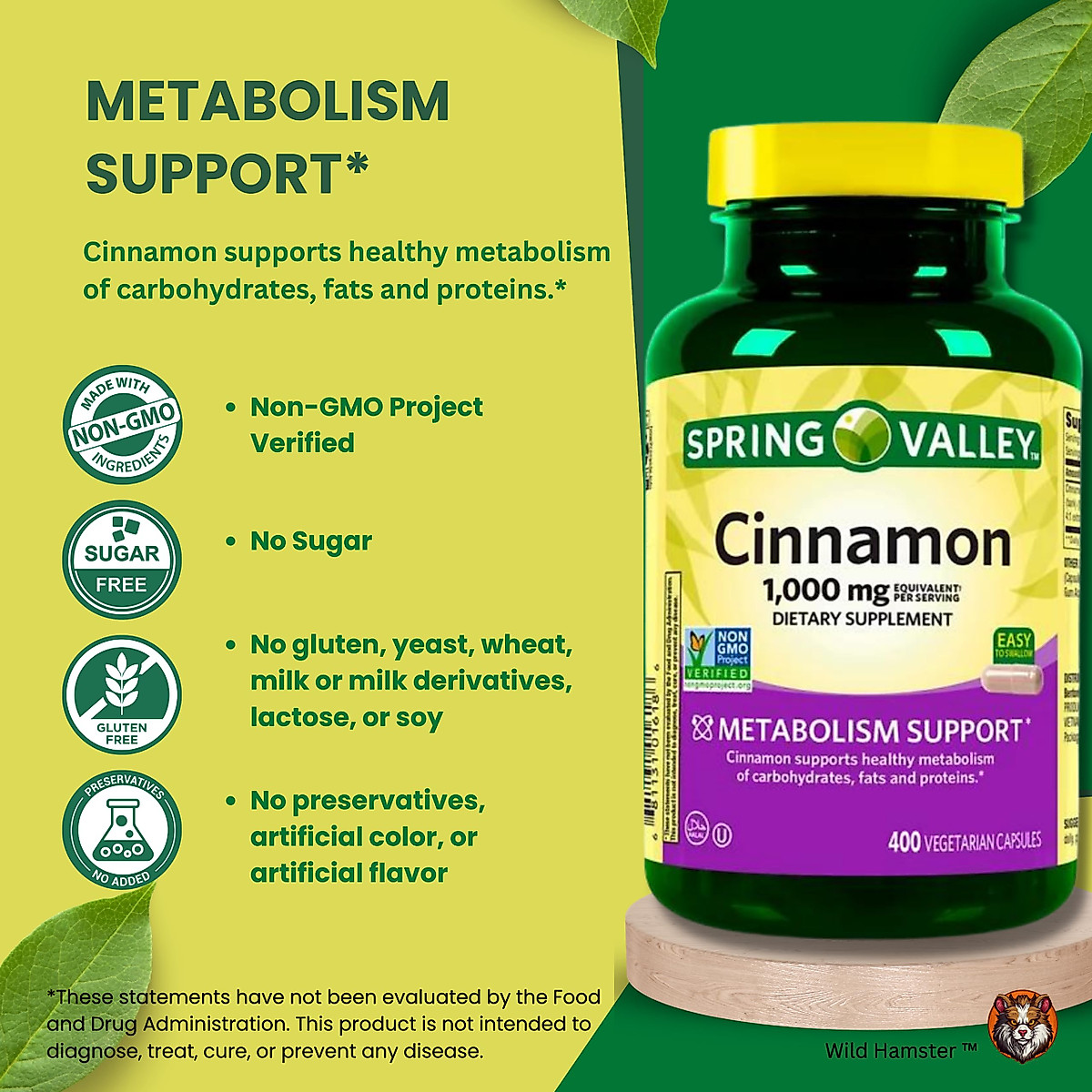 Wild Hamster Spring Valley Cinnamon Capsules 1000mg, 400 Count Bundle with Exclusive Keychain Pill Holder & Sticker (3 Items)