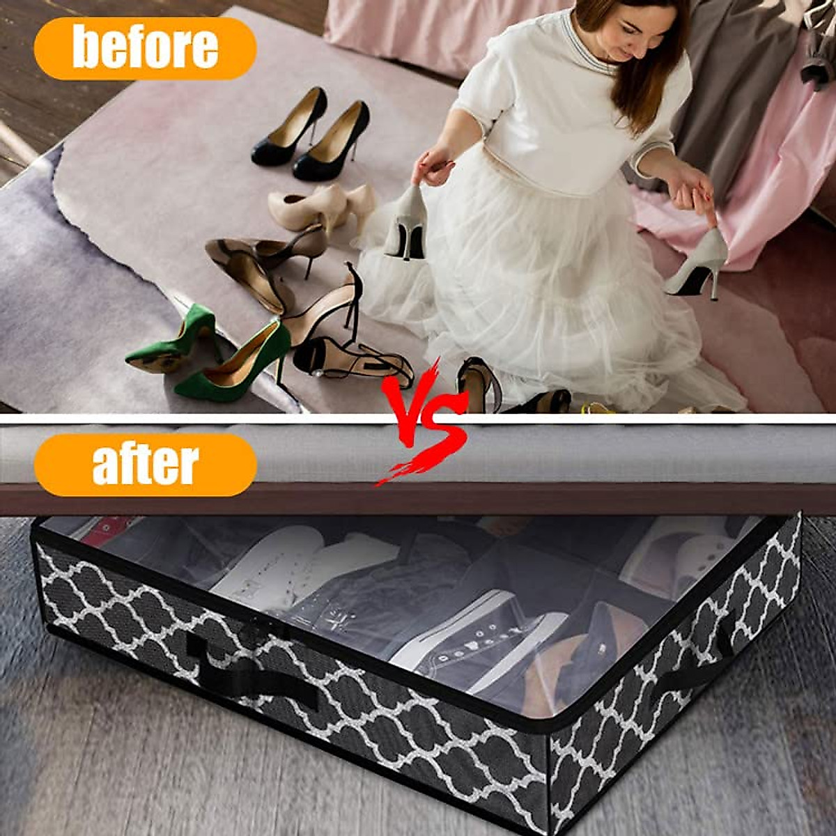 Under Bed Shoe Storage Organizer Fits Large Capacity Shoes Jumbo Slots Underbed Shoe Rack Bin Container Clear Window Lid ,Men Sneakers,Women High Heels,Short Boots Set of 2 Fits 20 Pairs (Black )