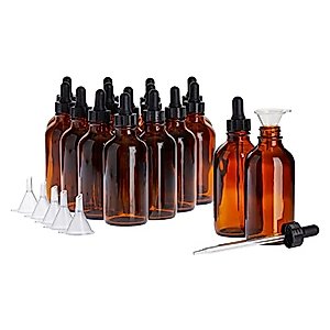 Juvale 15 Pack of 4oz Amber Glass Bottles with Dropper Dispenser and 6 Funnels for Essential Oils, Travel, Perfumes, Liquids, Hair and Body Oils (21 Total Pieces, 120ml)