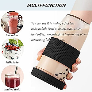 Amyoole 2 Pack Reusable Boba Cup,24Oz Wide Mouth Smoothie Cup,mason Jar Glass Cups with Lids and Straws,Bubble/Boba Tea Cups,Ice Coffee Tumbler 2 colored straws 1 sponge brush(Black)