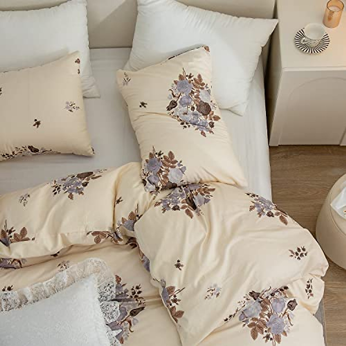 ERZRGA Queen Duvet Cover Flower, 100% Cotton Chic Flower Bedding Sets Queen 3 Pieces Garden Vintage Style Floral Queen Duvet Cover, 1 Duvet Cover and 2 Pillowcases with Zipper Closure (Flower, Queen)