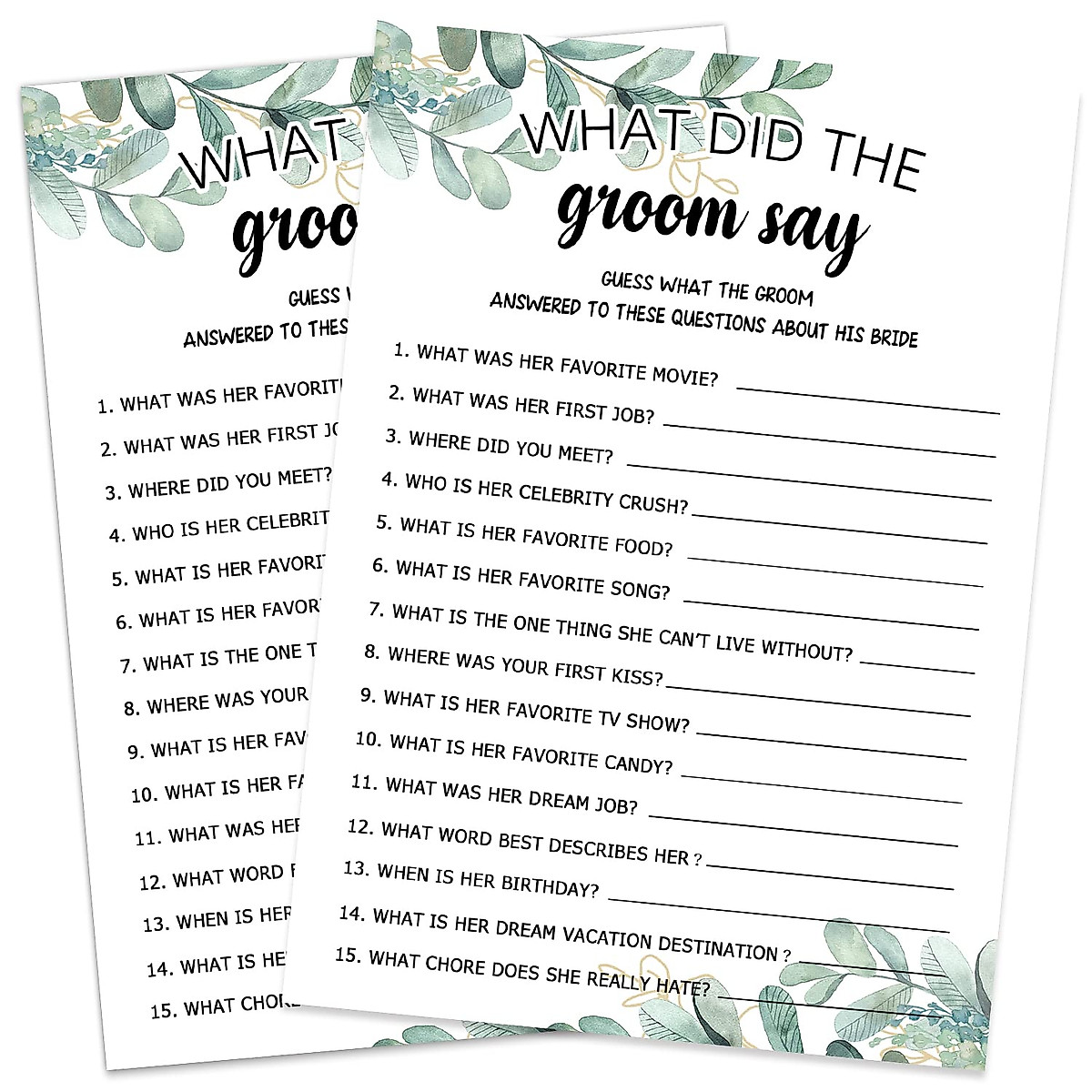 Bridal Shower Game Cards, What Did The Groom Say Game, Greenery Theme Engagement Party Cards For Wedding, Bridal Shower Decorations, Engagement Activities Ideas, Wedding Shower Party Game Card