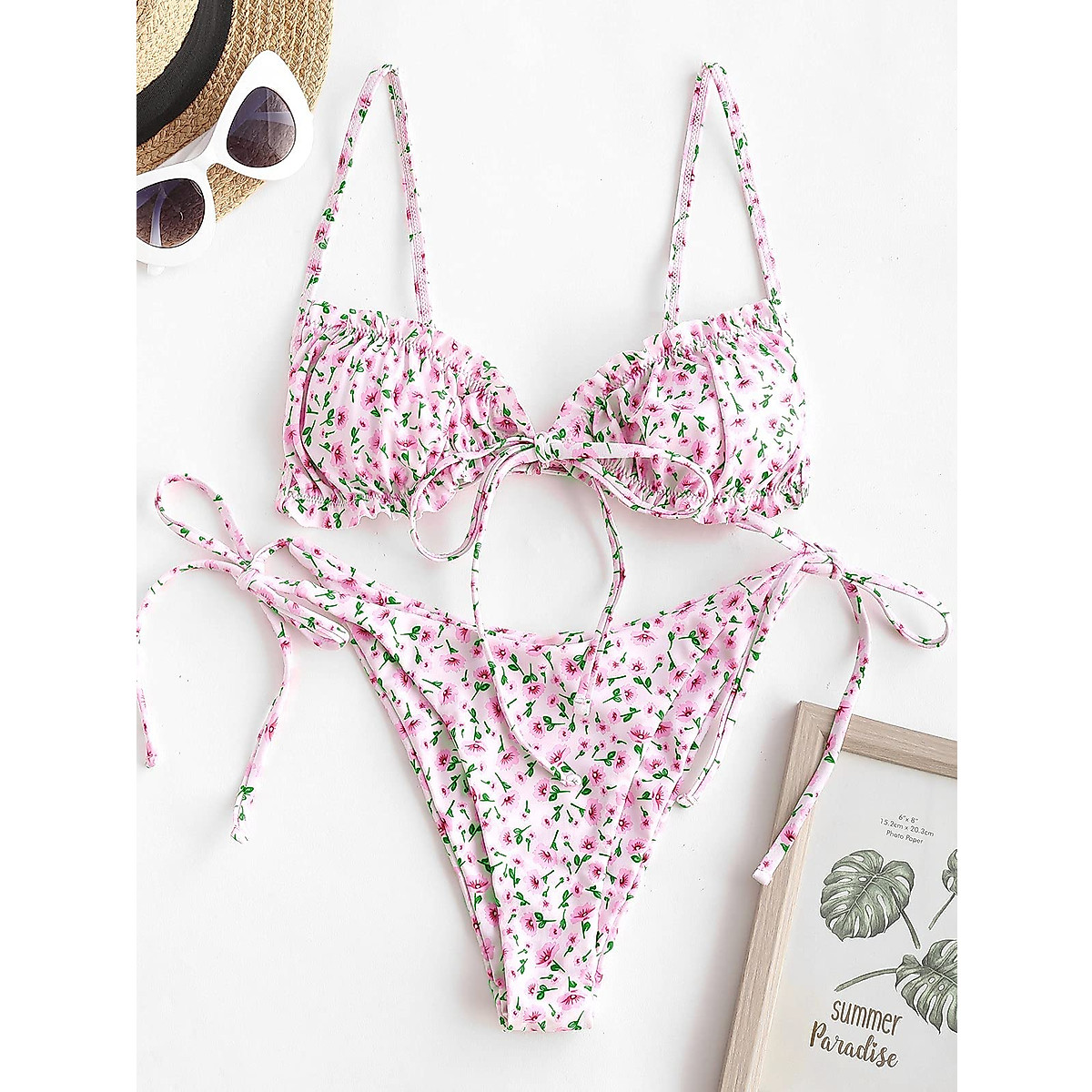 ZAFUL Ditsy Floral Frilled Tie Knot Front Strappy Bikini Sets Swimwear Pink