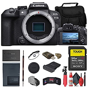 Canon EOS R10 Mirrorless Camera (5331C002) + Sony 64GB Tough SD Card + Bag + Card Reader + Flex Tripod + Hand Strap + Memory Wallet + Cap Keeper + Cleaning Kit (Renewed)