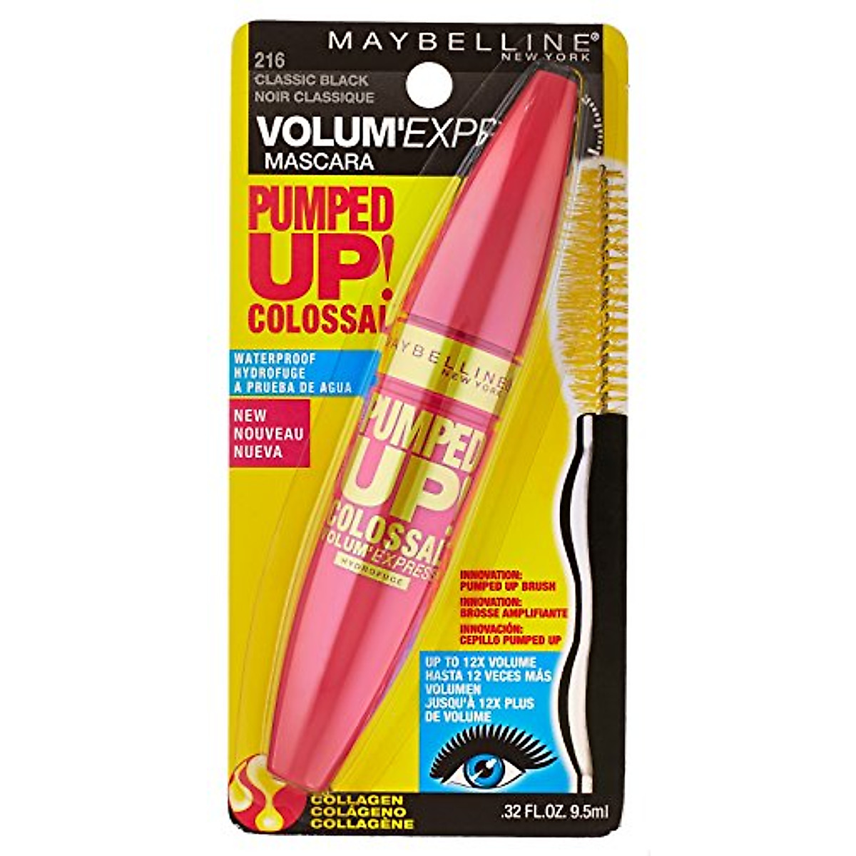 Maybelline New York Volum' Express Pumped Up! Colossal Waterproof Mascara, Classic Black, 0.32 Fl Oz, (K1569200)