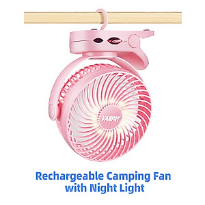 VANPRT 6'' Portable Hanging RV Tent fan with Remote Control,10000mAh Battery Camping Fan with LED light and Timer, 40 Hours Working Time Rechargeable Clip Fan, as Emergency Power - Pink