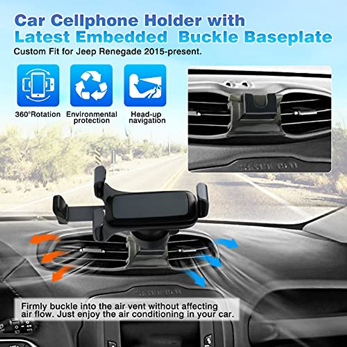 Sunsdrew Custom Fit for Phone Holder Jeep Renegade 2015-2023 Air Vent Cell Phone Holder Handsfree Thick Case Friendly Car Phone Mount for iPhone, Samsung, Moto, Nokia and Other Smartphones