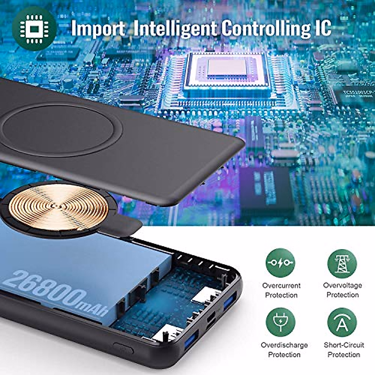 Ekrist Wireless Portable Charger Power Bank, PD 26800mAh Quick Cell Phone Wireless Charging, 2 Input+4 Output QC3.0 External Power Delivery USB-C Battery Pack Compatible with iPhone 12/11, Samsung