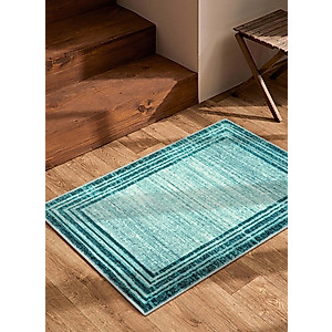 Lahome Abstract 2x3 Teal Kitchen Rug,Washable Low-Pile Entry Rug Non-Slip Door Mat Indoor Entryway Rug,Modern Bordered Soft Small Bathroom Mat Throw Rug