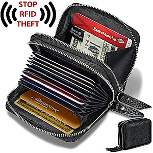 KALMORE Women's Leather RFID Secured Spacious Cute Card Wallet Small Purse, Black, Two Zippers