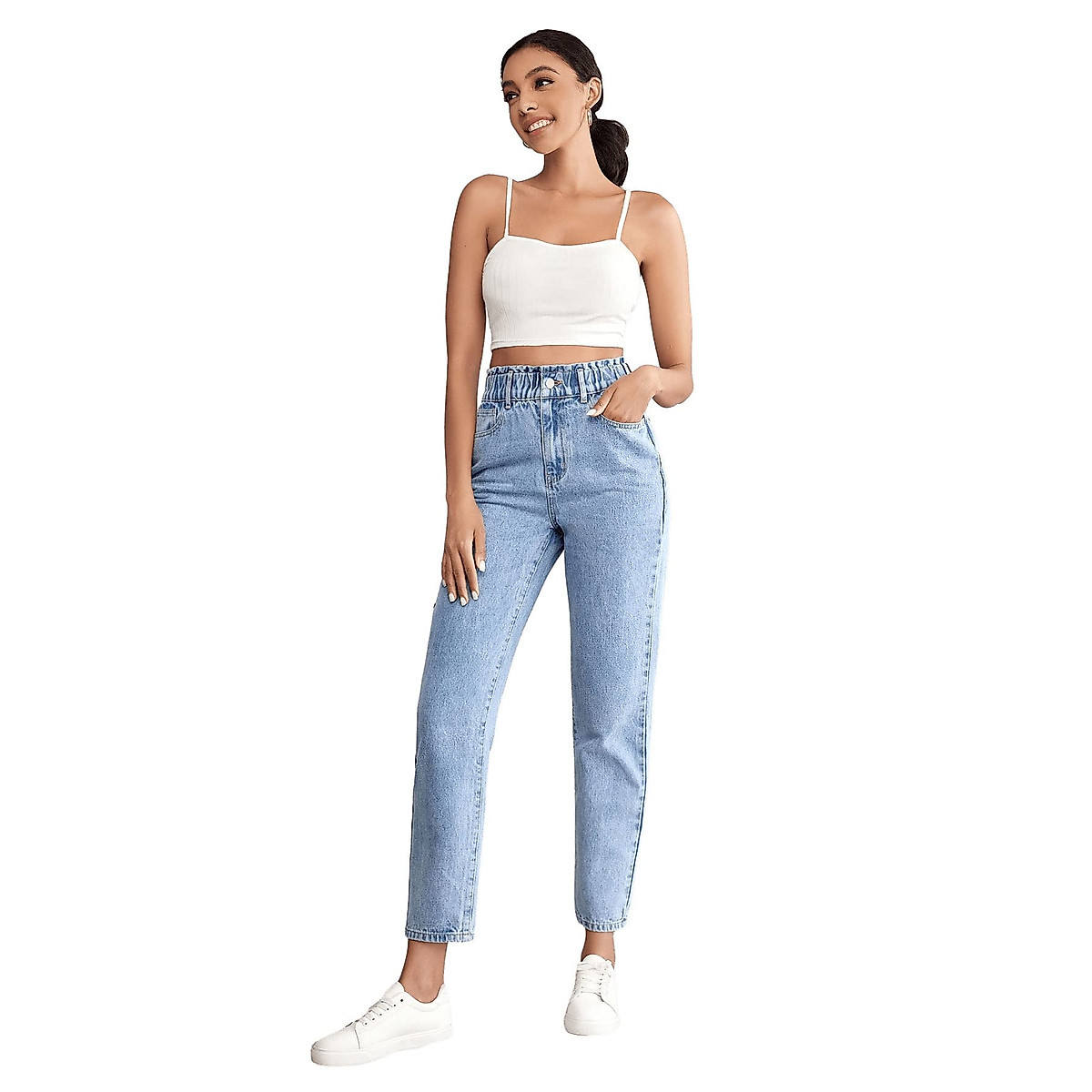 SweatyRocks Women's Casual High Elastic Waist Tapered Mom Jeans Cropped Denim Pants Light Wash Tall M