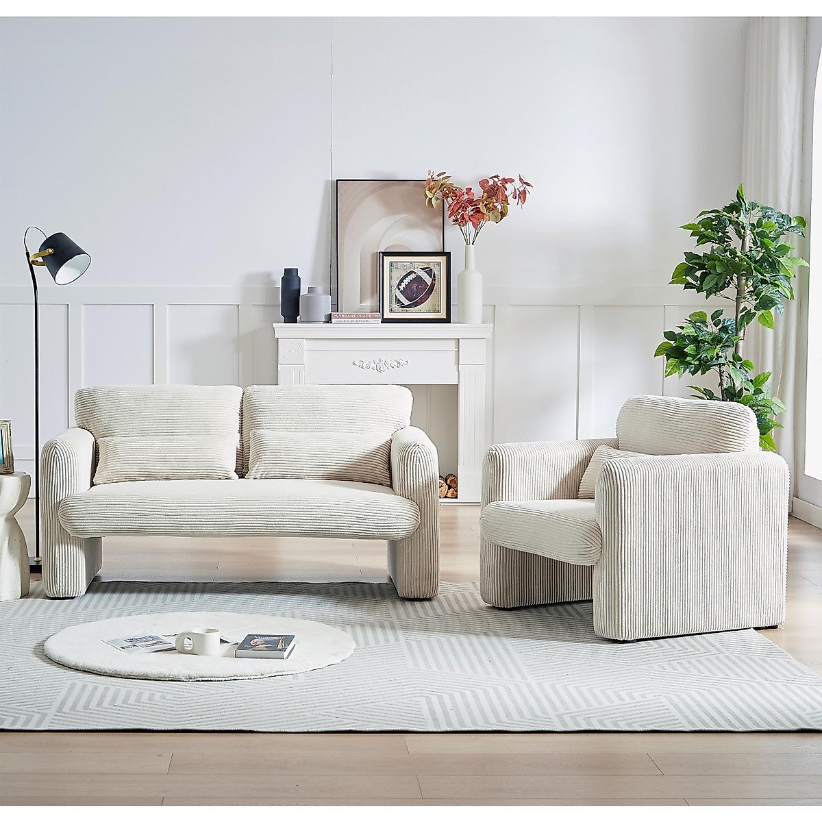 2 Piece Modern Corduroy Living Room Sofa Set with Loveseat Sofa and Single Sofa with Support Pillow and Inlaid Armrest for Apartment, Office, Living Room,3 Seater (Beige)