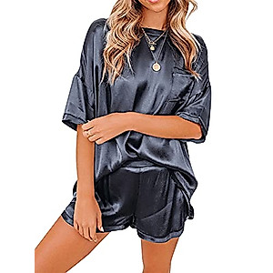 LYANER Women's Satin Silky Pajamas Set Short Sleeve T-shirt With Shorts Set Pjs Loungewear Navy Medium