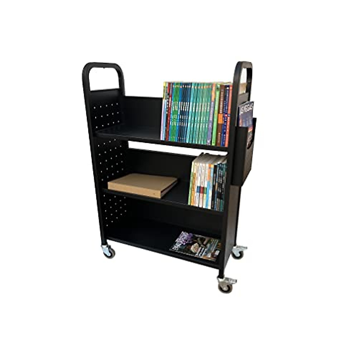 Workington Rolling Book Truck Book Cart with 3 Flat Shelves, Library Book Cart with Swivel Lockable Casters 3001 Black
