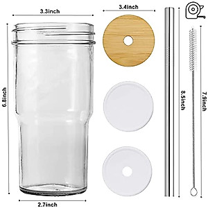 BGHEOUYV Glass Iced Coffee Cups with 8 Bamboo Lids and 4 Straws, 22oz Boba Cup,Glass Tumbler, Juice Bottles for Juicing, Bubble Tea, smoothie,coffee, 4 Pack