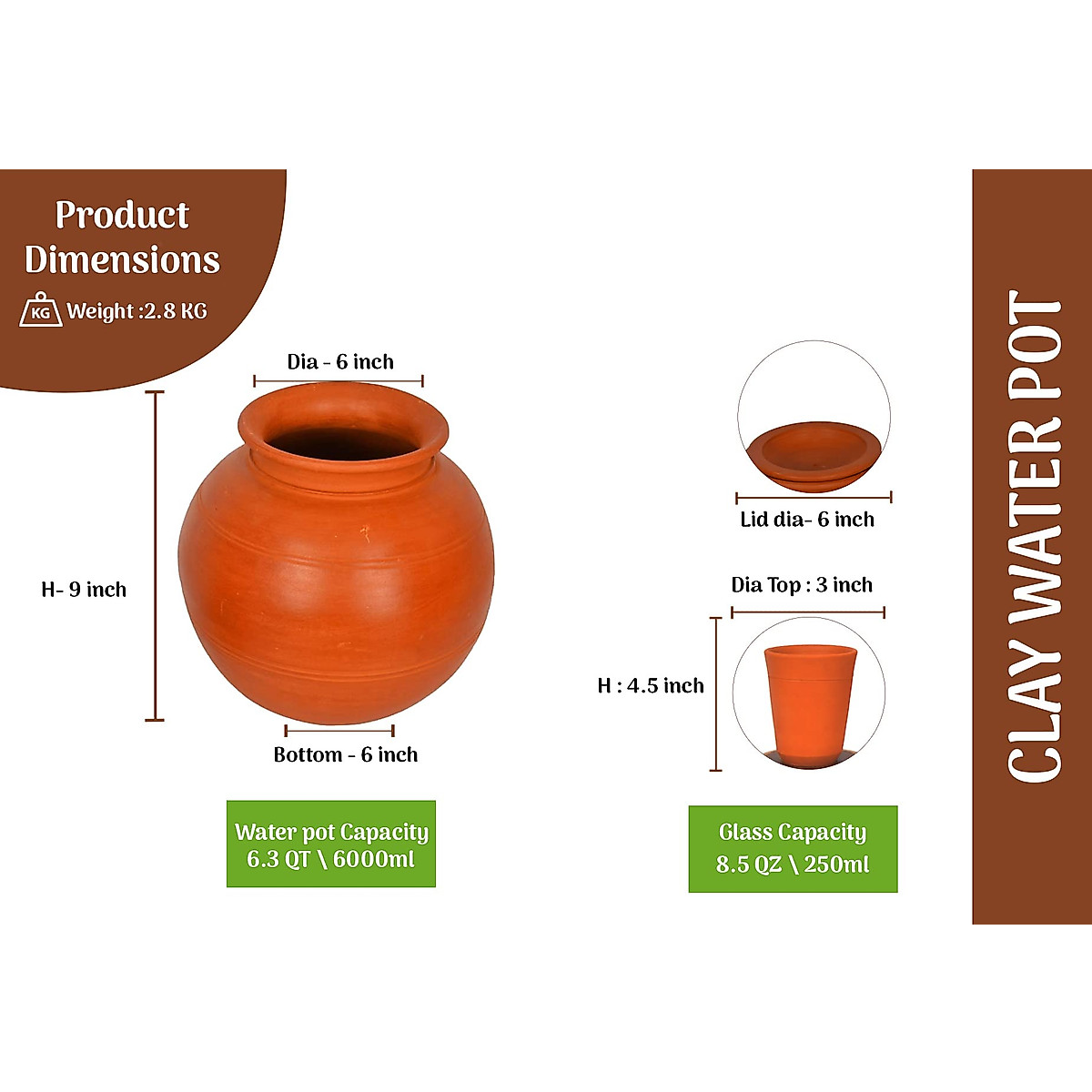 Village Decor Handmade Earthen Clay Water Pot with Lid and Glass (Capacity 6000 ml / 202 oz)