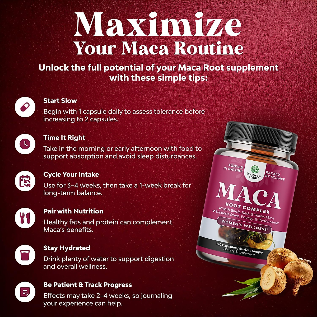 Organic Maca Root Capsules for Women - Potent Herbal Supplement with Female Enhancing Blend of Red Yellow & Black Maca Root - Non-GMO Certified Vegan and Gluten-Free with No Artificial Colors - 120ct