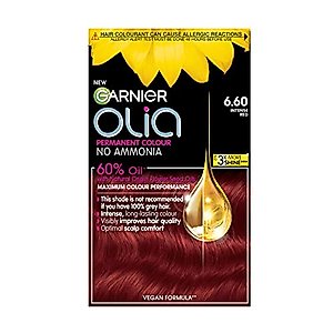 Garnier Olia Intense Red Permanent Hair Dye, No Ammonia for A Pleasant Scent, Up To 100% Grey Hair Coverage, Maximum Colour Performance, 60% Oils - 6.60 Intense Red