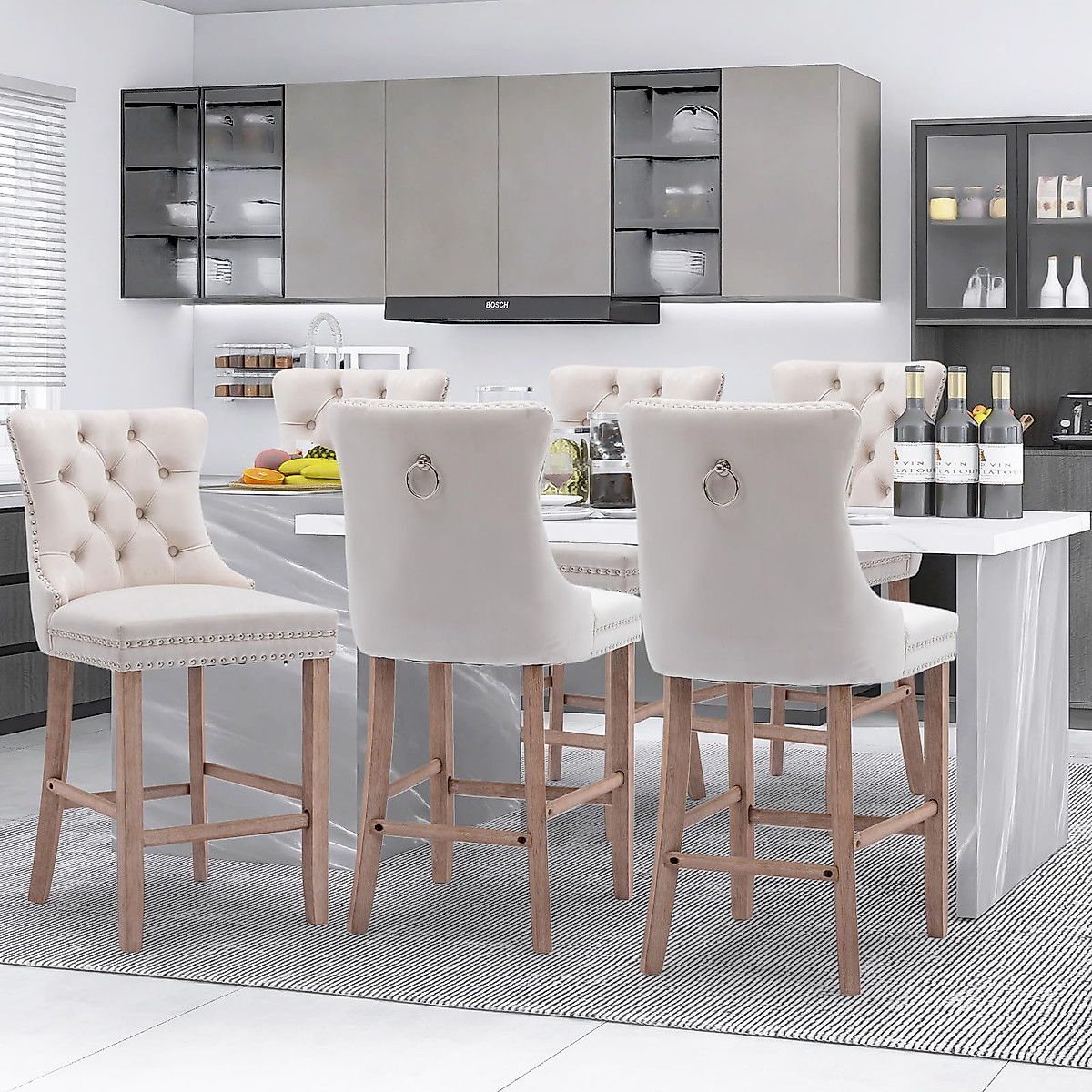 SoarFlash Modern Velvet Upholstered Bar Stools Set of 6 with Wood Legs, Button Tufted,Chrome Nailhead, Counterstool Seat, Armless Bar Chairs (Beige)