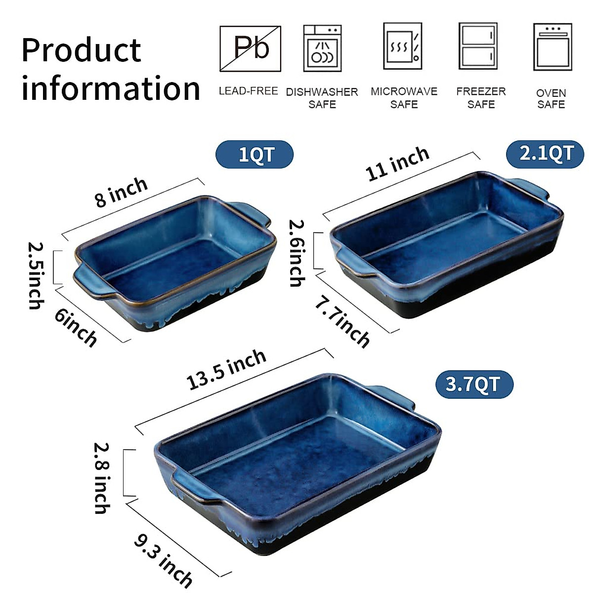 KOOV Bakeware Set, Ceramic Baking Dish Set, Rectangular Casserole Dish Set, lasagna Pan, Baking Pans Set for Cooking, Cake Dinner, Kitchen, 9 x 13 Inches, Reactive Glaze 3-Piece (Nebula Blue)