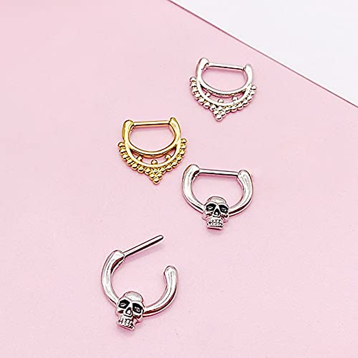 Vintage Skull 16G Stainless Steel Piercing Nose Ring Septum Hinged Segment Daith Small Hoop for Women Tiny Cartilage Conch Tragus Stud Earring 5mm Hypoallergenic Body Pierced Jewelry 1 PCS
