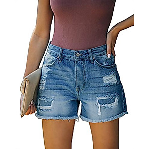 onlypuff Women’s Denim Short Hot Pants Mid Waisted Ripped Frayed Hem Jeans Shorts for Girls