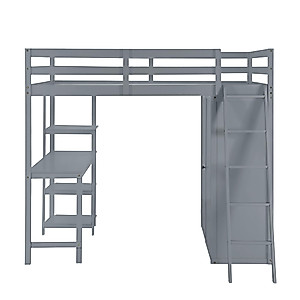 LostCat Full Size Loft Bed with Desk, Loft Bed with Wardrobes and Desk, Solid Wood Loft Bed Frame with Storage and Ladder for Teens Adults Girls Boys, No Box Spring Needed, Grey