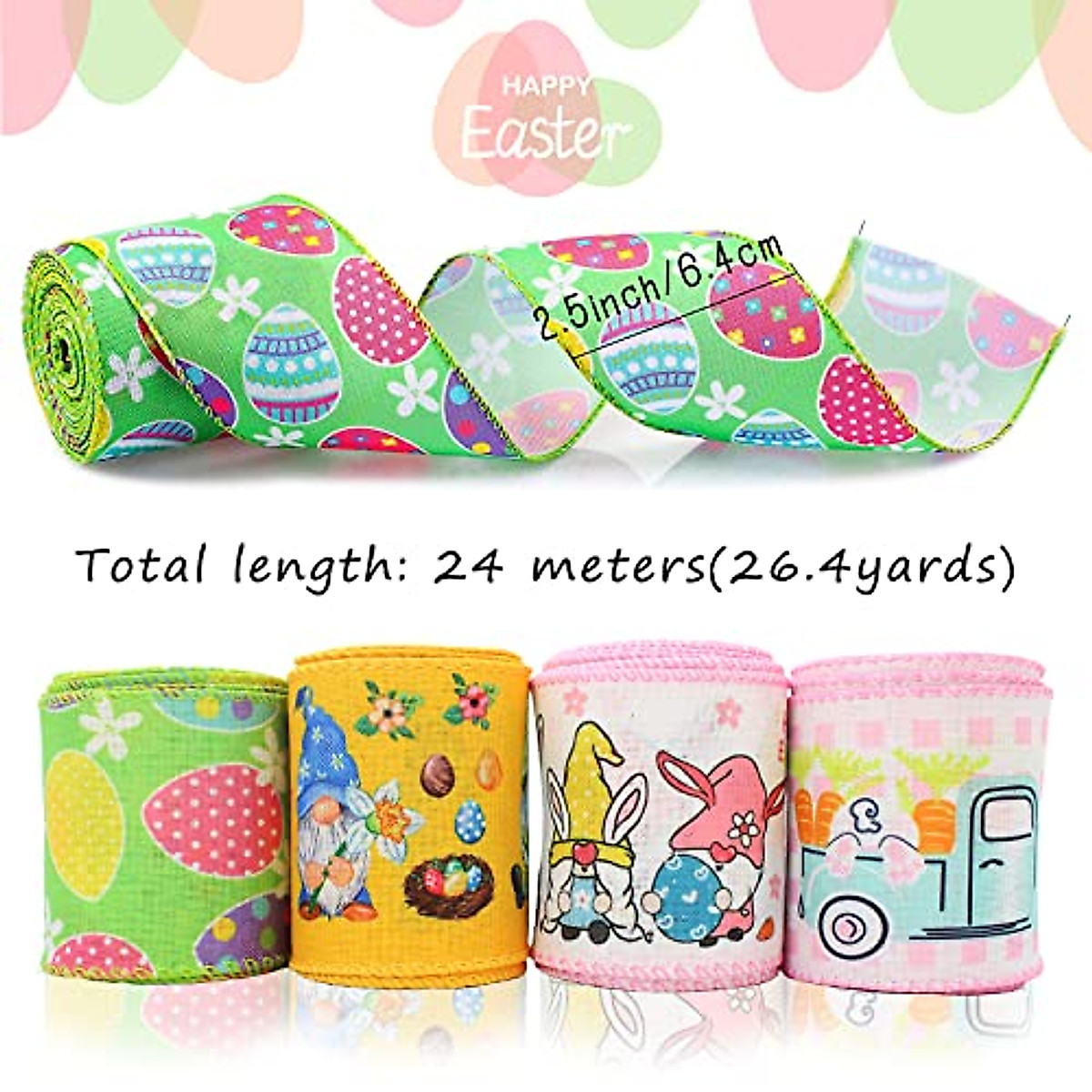 Easter Wired Edge Ribbon, 2.5 Inch x 26 Yards Easter Eggs Printed Ribbon Easter Truck Bunny Gnome Fabric Ribbons for Easter Wrapping Wreath Party Decoration DIY Craft Supplies