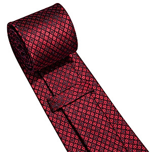 YOHOWA Men Tie Clip Set Plaid Burgundy Silk Necktie Pocket Square Cufflinks Formal Business Wedding Party