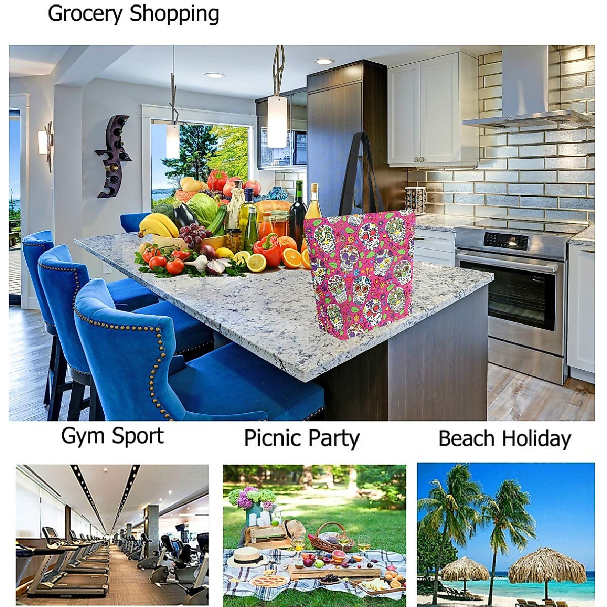 ZzWwR Chic Mexican Sugar Skull Floral Pattern Extra Large Canvas Beach Travel Reusable Grocery Shopping Tote Bag Portable Storage HandBag