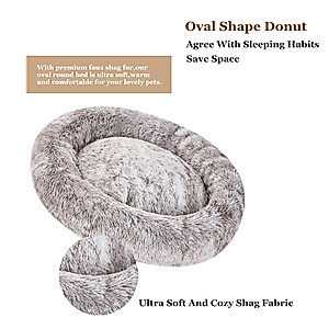Coohom Oval Calming Donut Cuddler Dog Bed,Shag Faux Fur Cat Bed Washable Round Pillow Pet Bed(30"/36"/43") for Small Medium Dogs (L(30"x24"x8"),Light Brown)