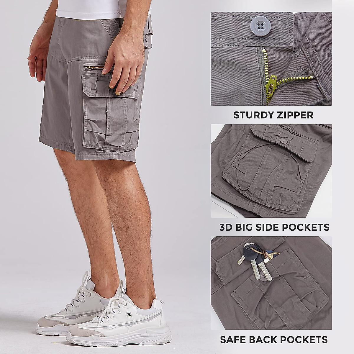 Mens Cargo Shorts Casual Work Shorts Multi Pockets Relaxed Fit with No Belt Cotton Grey Green 34