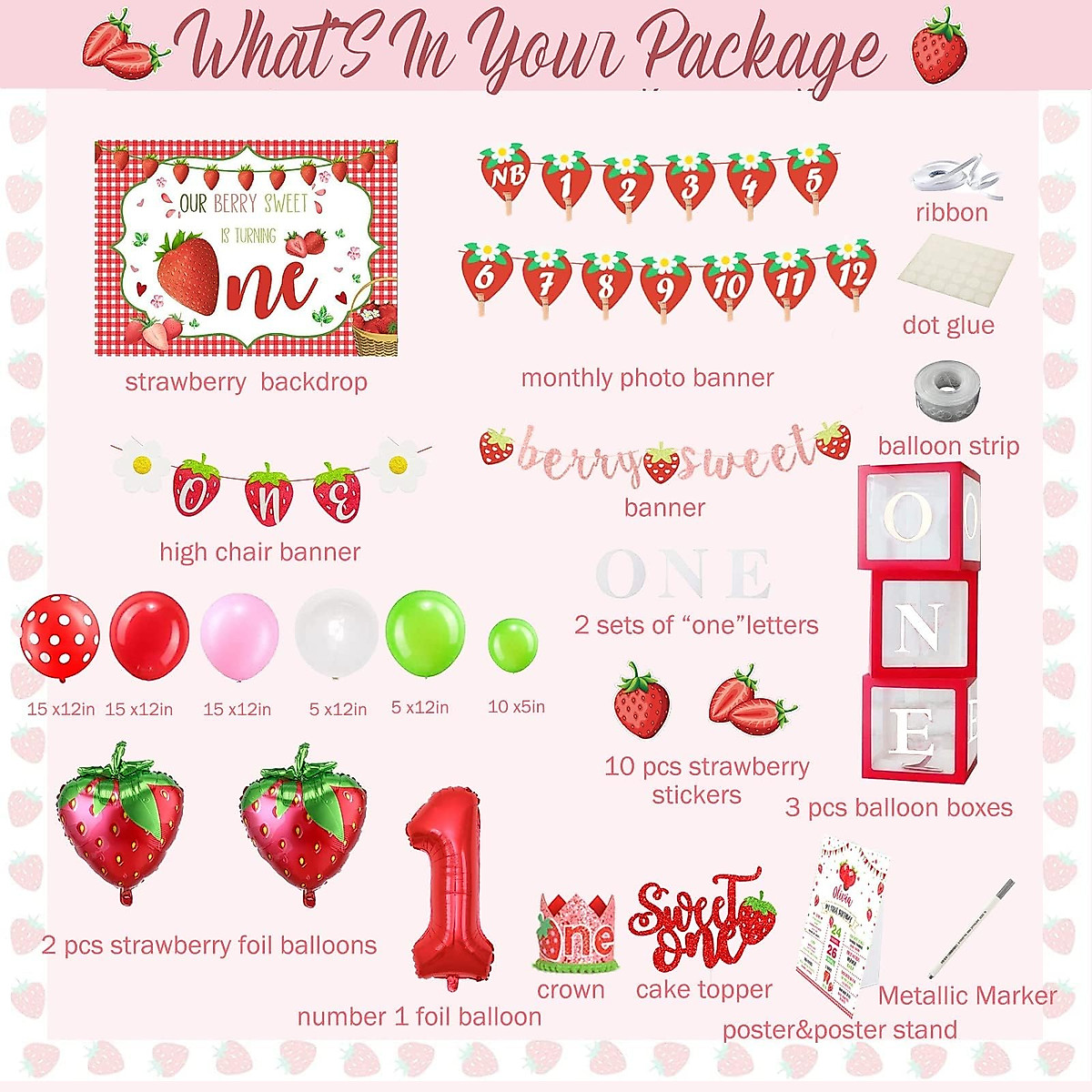 Hombae Strawberry 1st Birthday Party Decorations, Berry Sweet One Berry First Birthday Party Decorations Backdrop Balloon Garland Glitter High Chair Banner Boxes Crown Poster Pink White Red