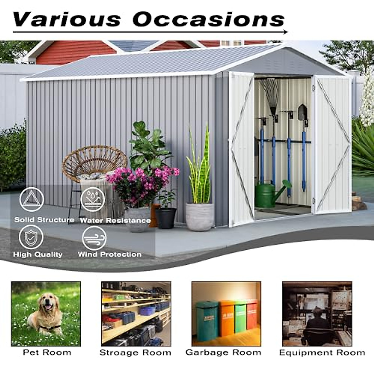 UBGO Storage Sheds 8 x 12 FT,Large Metal Garden Shed with Lockable Doors,Tool Sheds with Floor Frame,Outdoor Storage Shed for Backyard Garden Patio Lawn-Grey