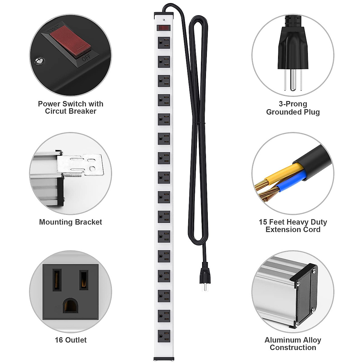 16 Outlet Power Strip, Heavy Duty Metal Power Strip with 10FT Extension ...